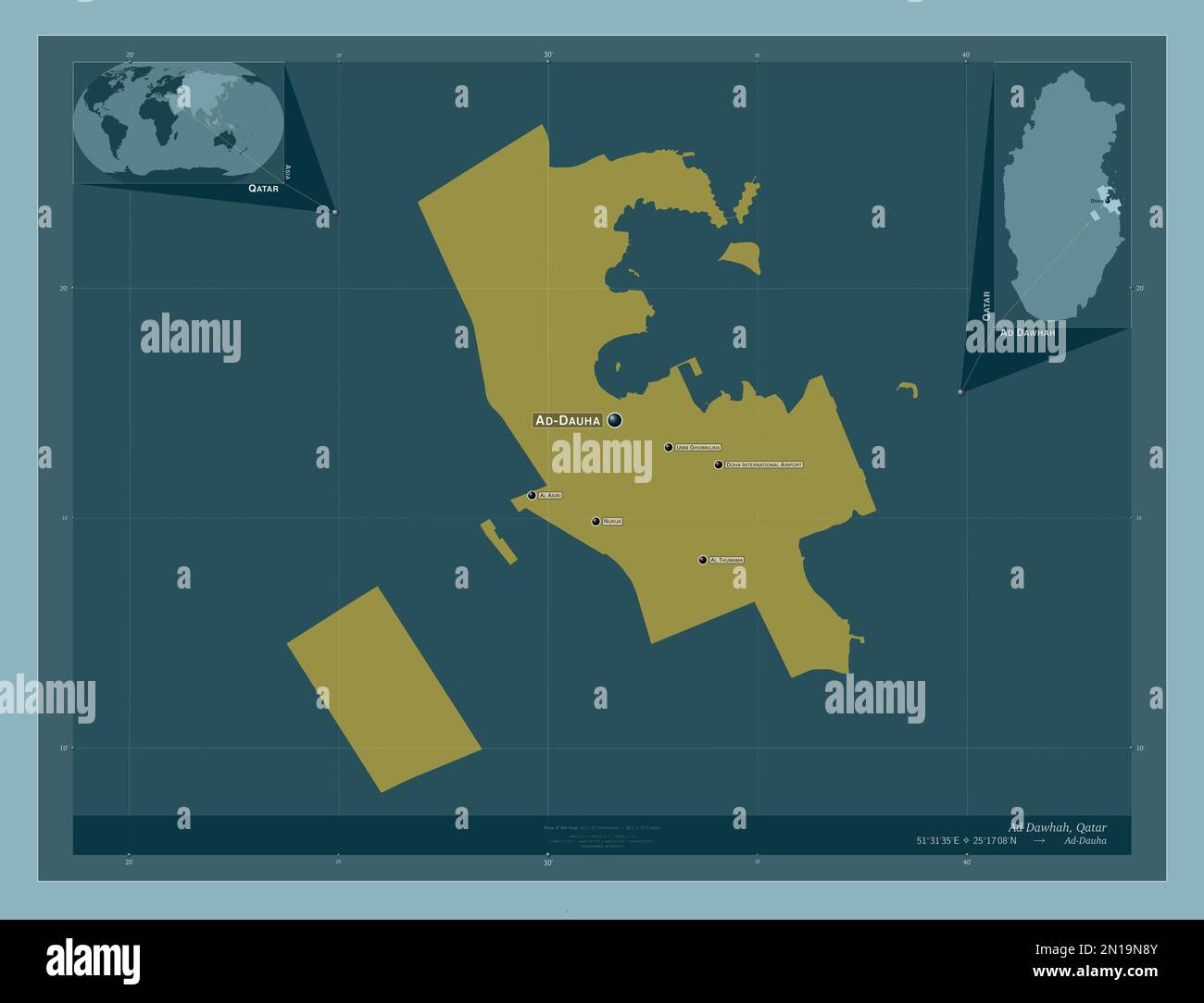 Ad Dawhah, municipality of Qatar. Solid color shape. Locations and ...