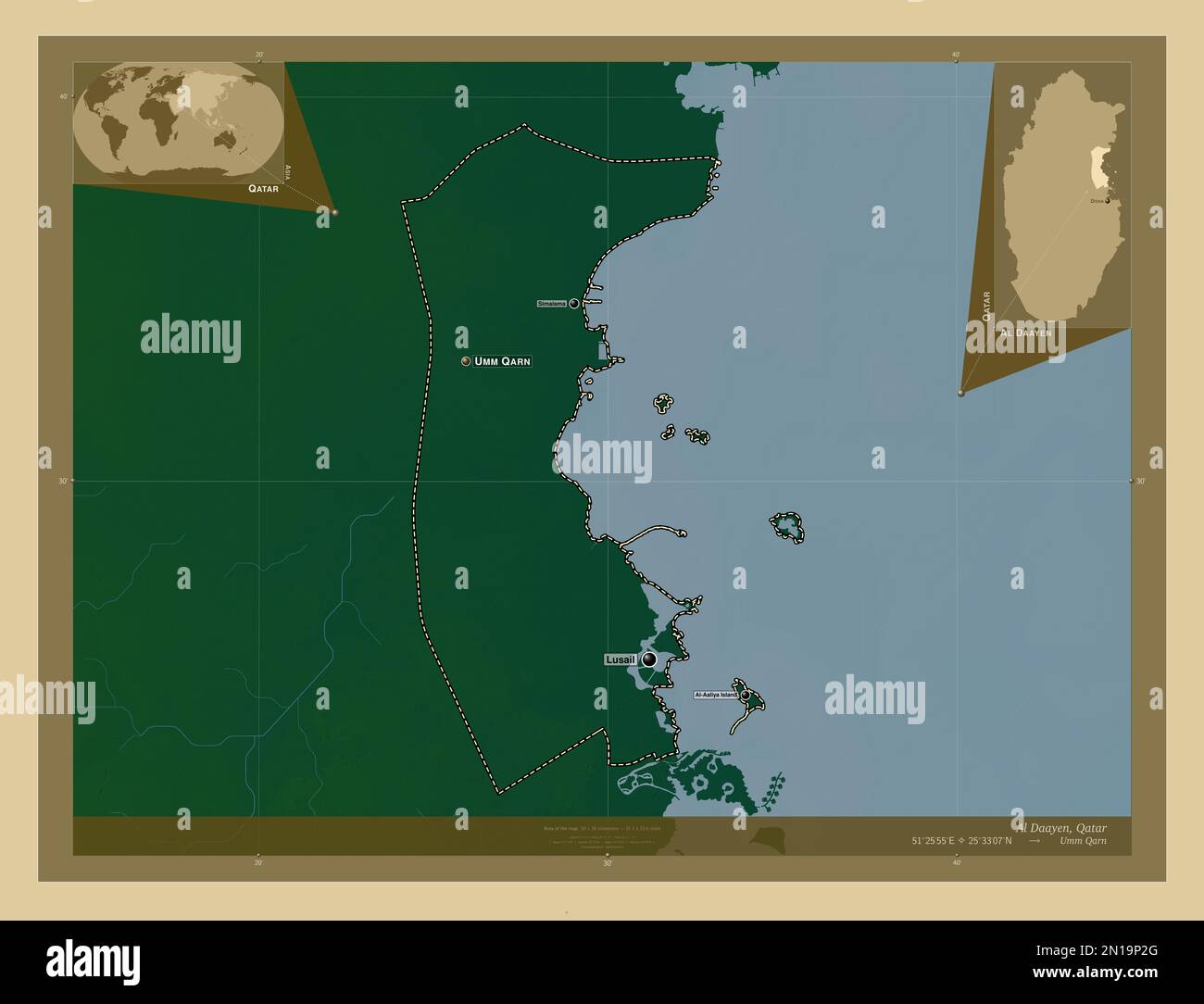 Al Daayen, municipality of Qatar. Colored elevation map with lakes and ...