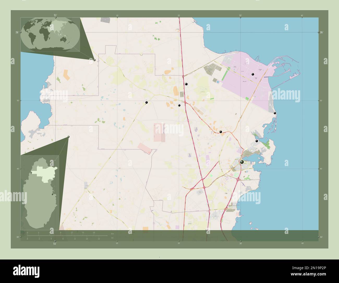 Al Khor, municipality of Qatar. Open Street Map. Locations of major ...