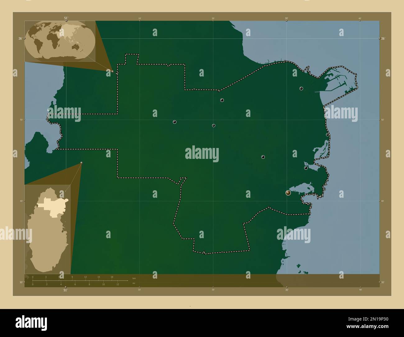 Al Khor, municipality of Qatar. Colored elevation map with lakes and ...