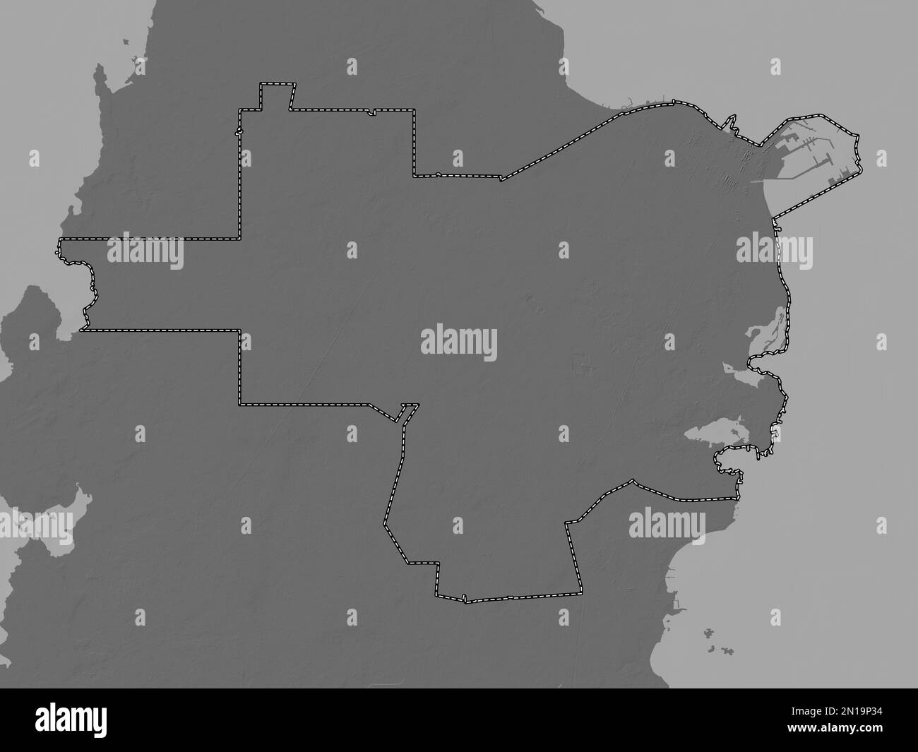 Al Khor, municipality of Qatar. Bilevel elevation map with lakes and ...