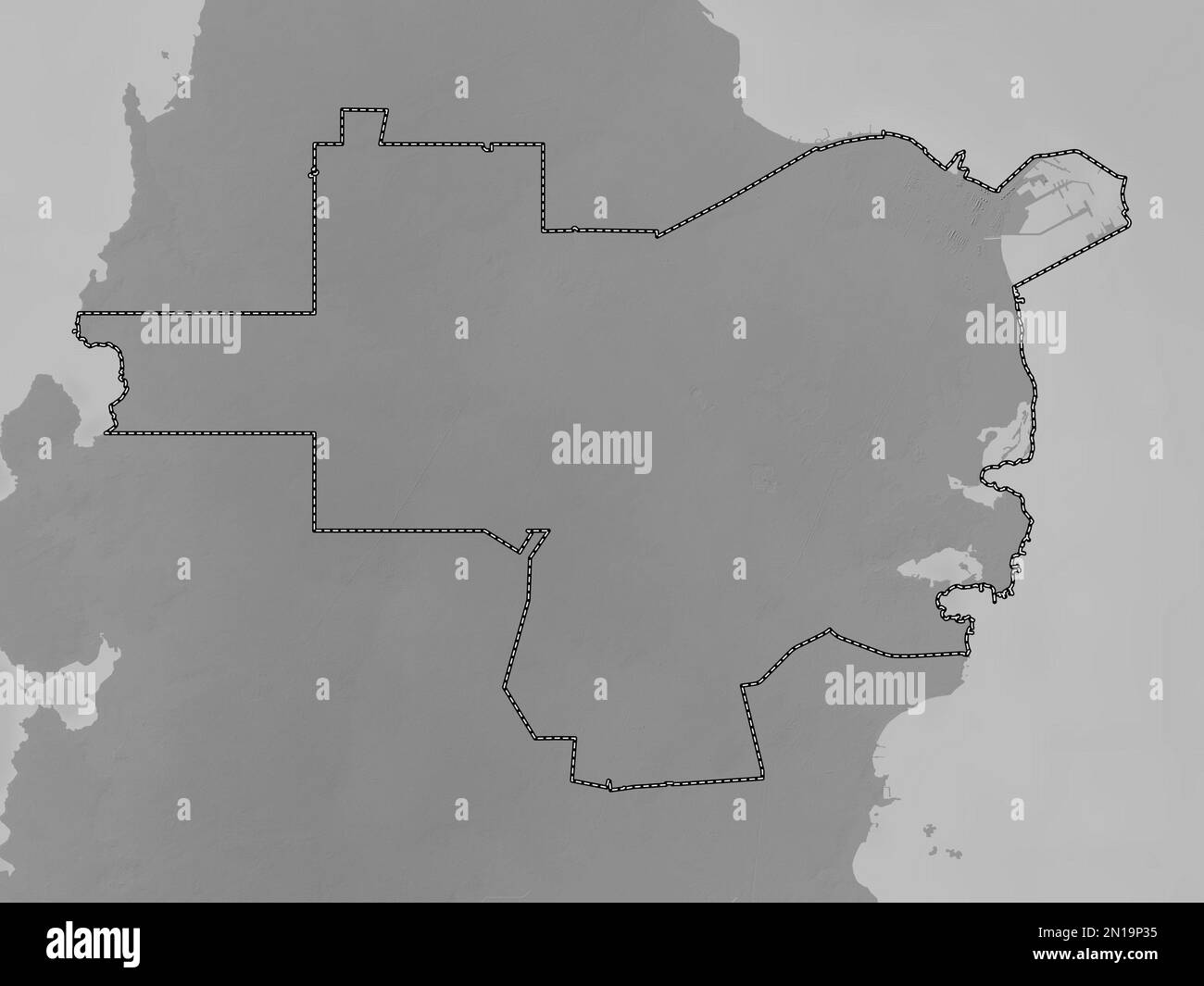 Al Khor, municipality of Qatar. Grayscale elevation map with lakes and ...
