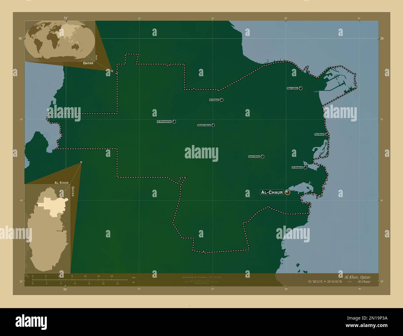 Al Khor, municipality of Qatar. Colored elevation map with lakes and ...