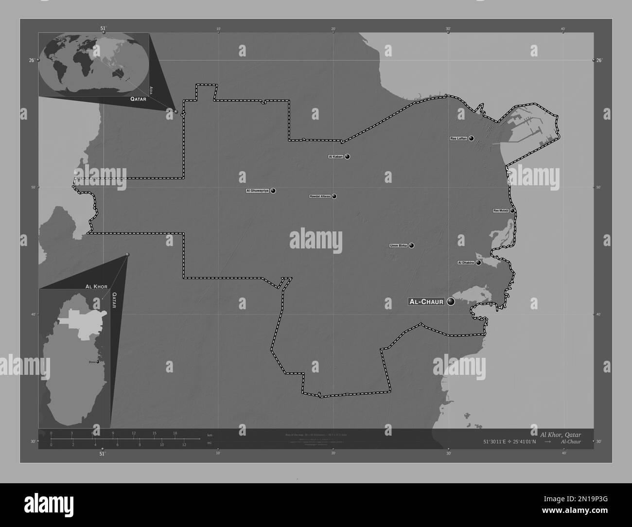 Al Khor, municipality of Qatar. Bilevel elevation map with lakes and ...