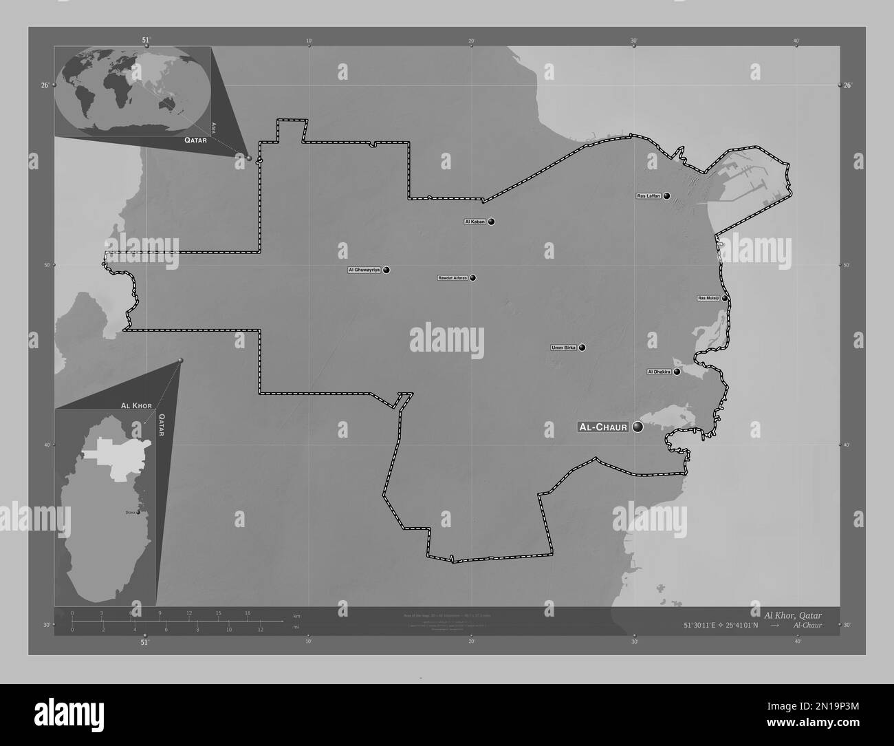 Al Khor, municipality of Qatar. Grayscale elevation map with lakes and ...