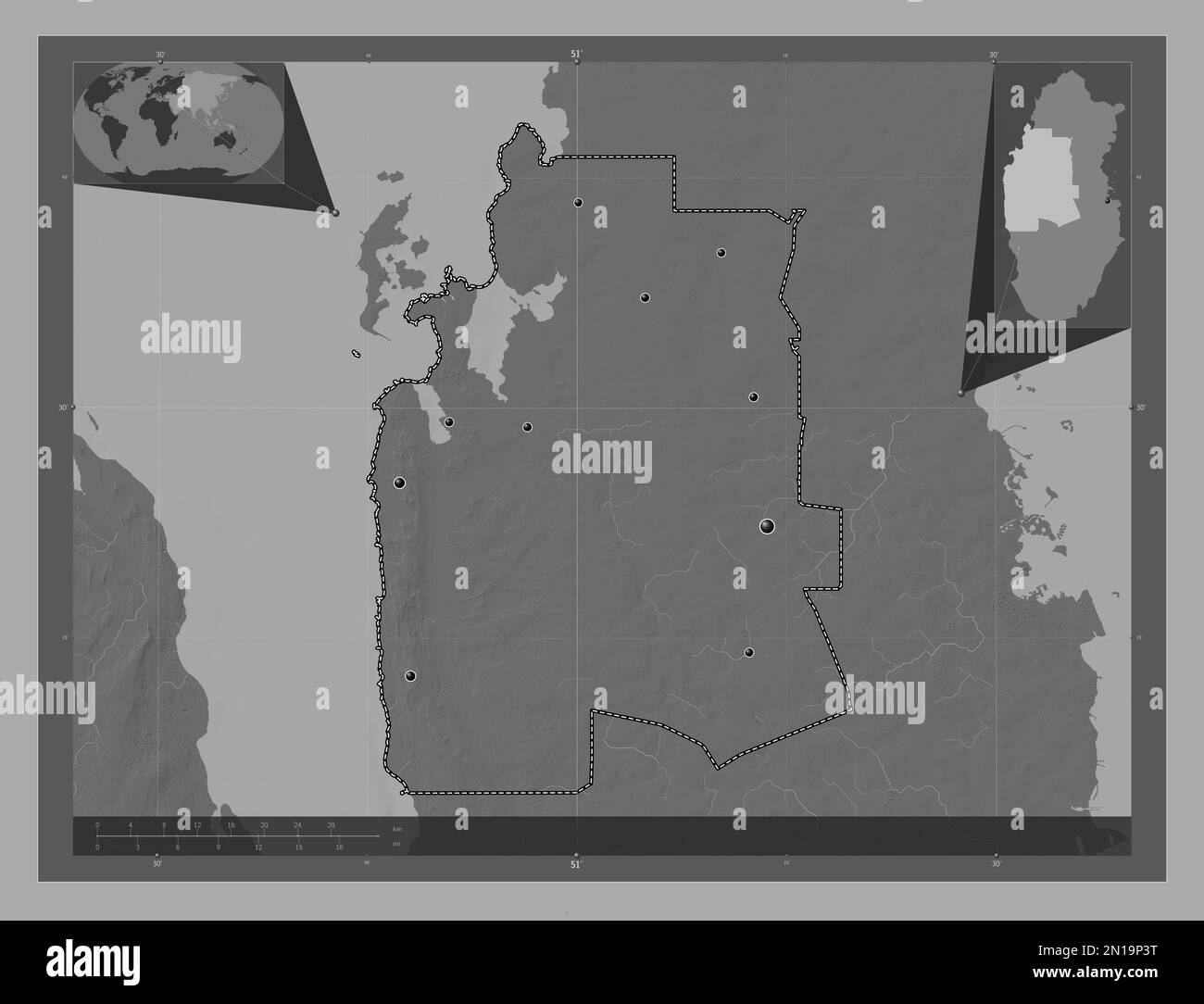 Al Shahaniya, municipality of Qatar. Bilevel elevation map with lakes ...
