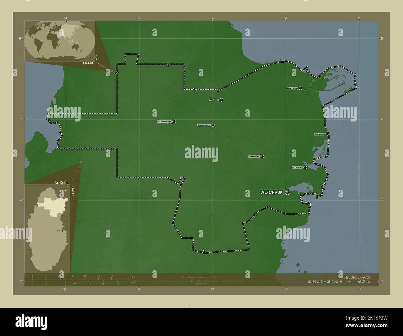 Al Khor, municipality of Qatar. Elevation map colored in wiki style ...