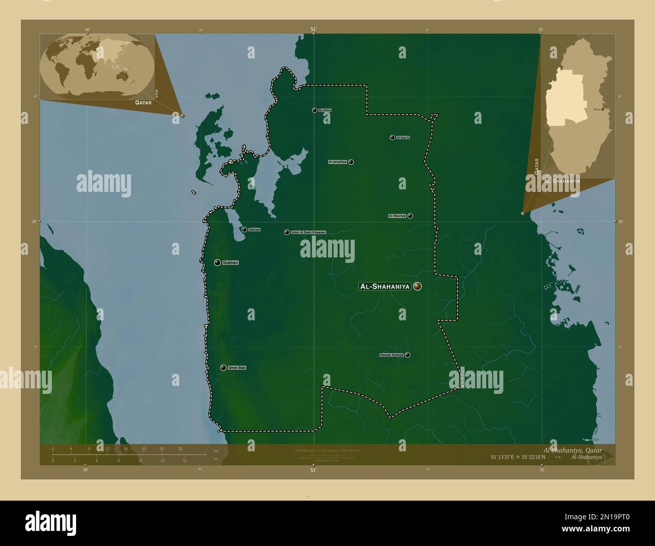 Al Shahaniya, municipality of Qatar. Colored elevation map with lakes ...