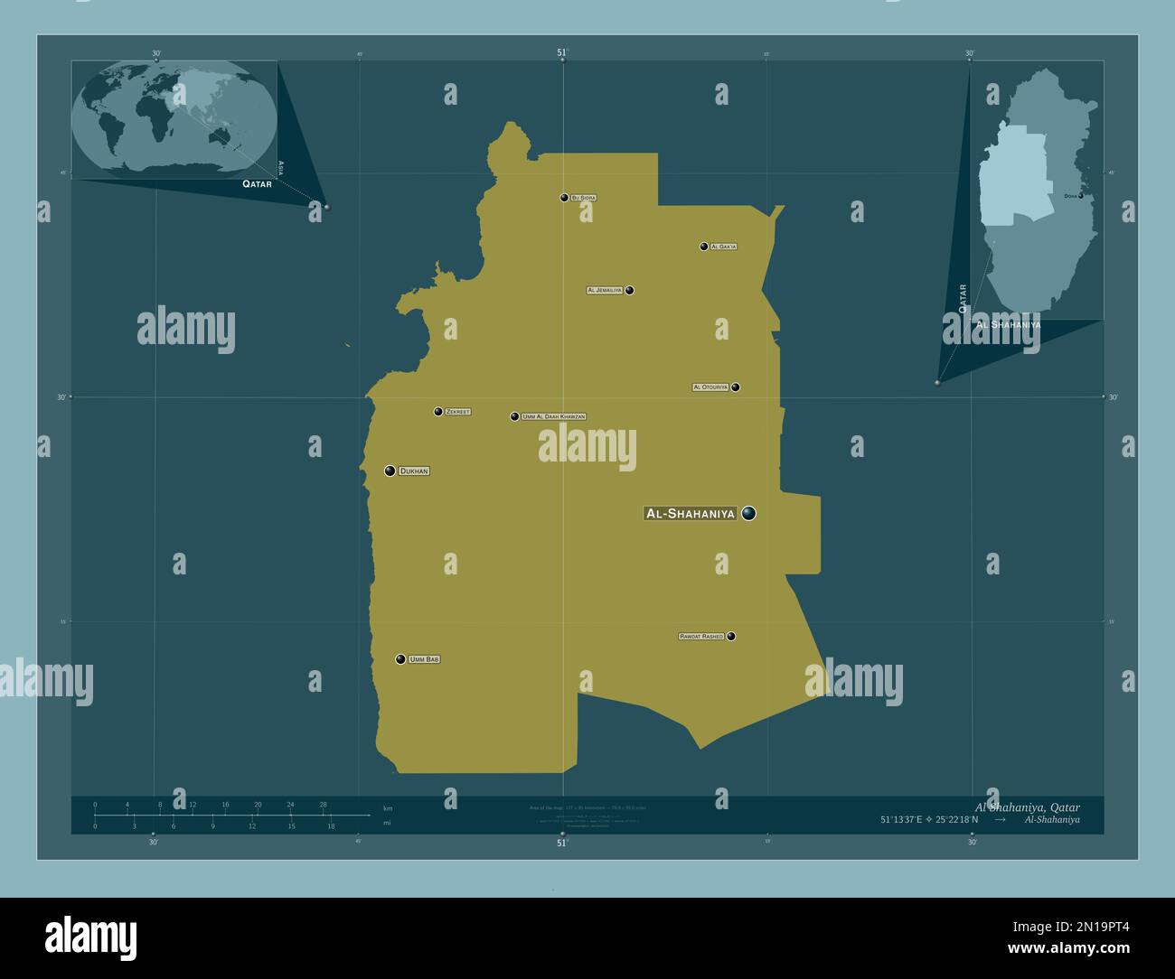 Al Shahaniya, municipality of Qatar. Solid color shape. Locations and ...