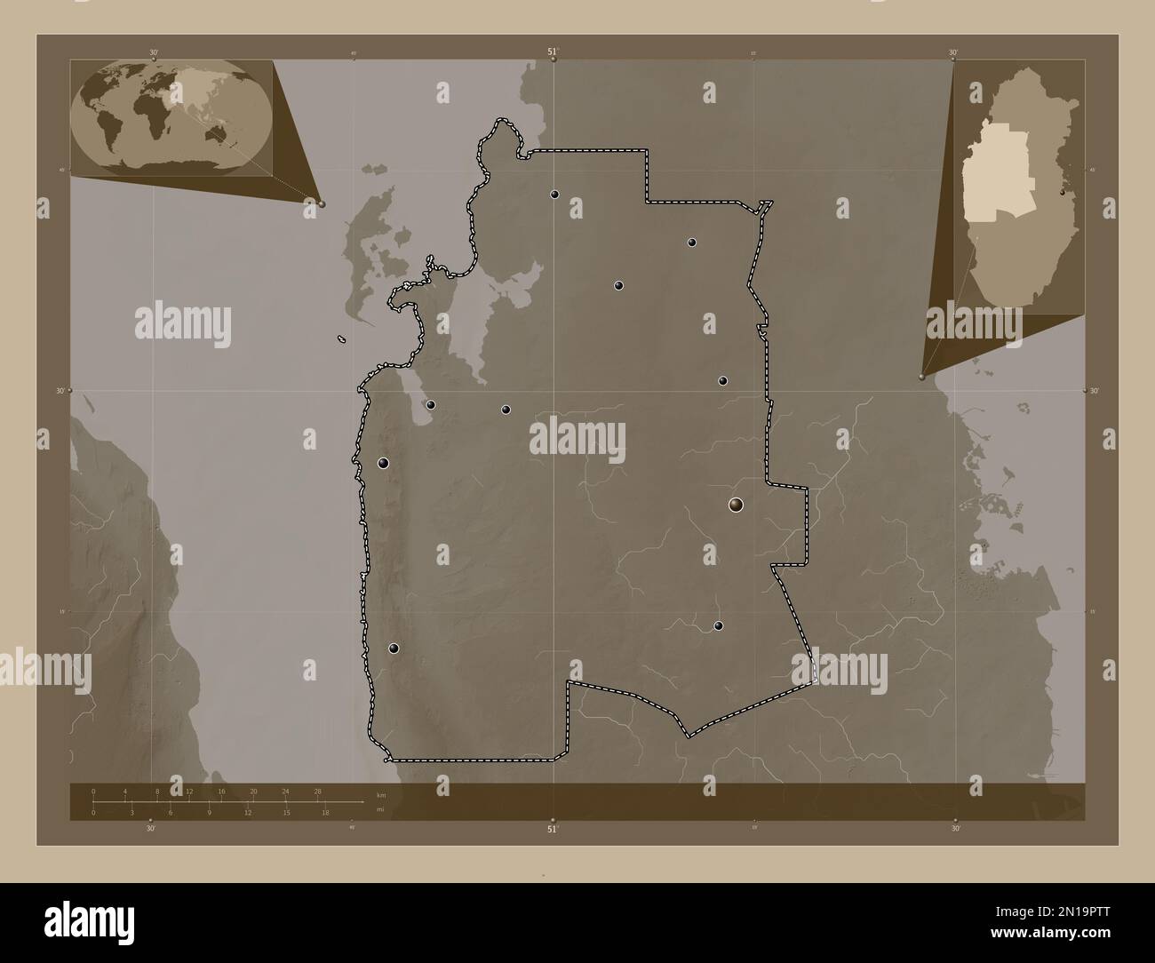 Al Shahaniya, municipality of Qatar. Elevation map colored in sepia ...