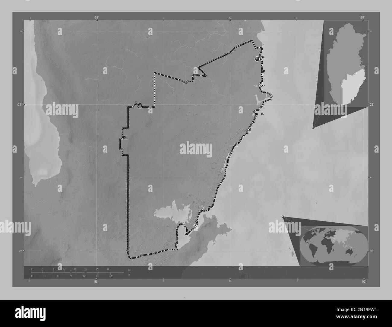Al Wakrah, municipality of Qatar. Grayscale elevation map with lakes ...