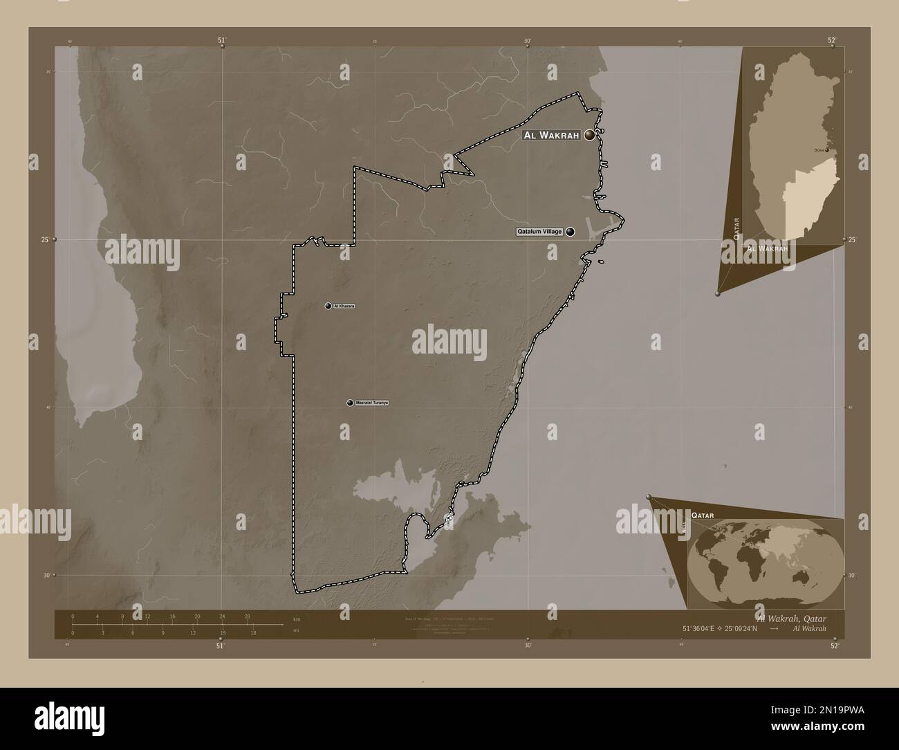 Al Wakrah, municipality of Qatar. Elevation map colored in sepia tones ...