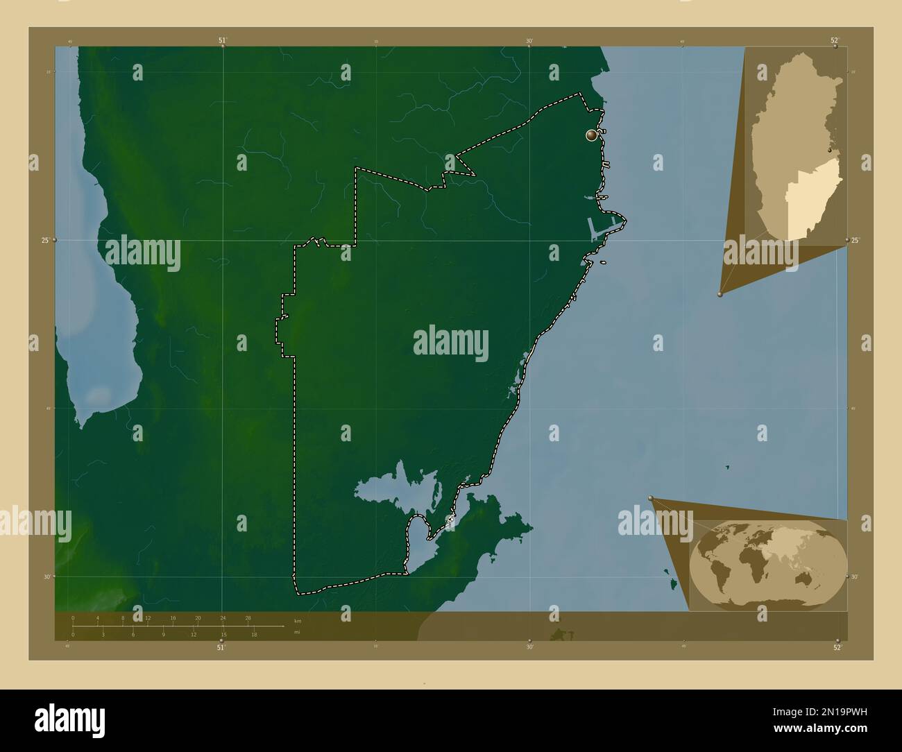Al Wakrah, municipality of Qatar. Colored elevation map with lakes and ...