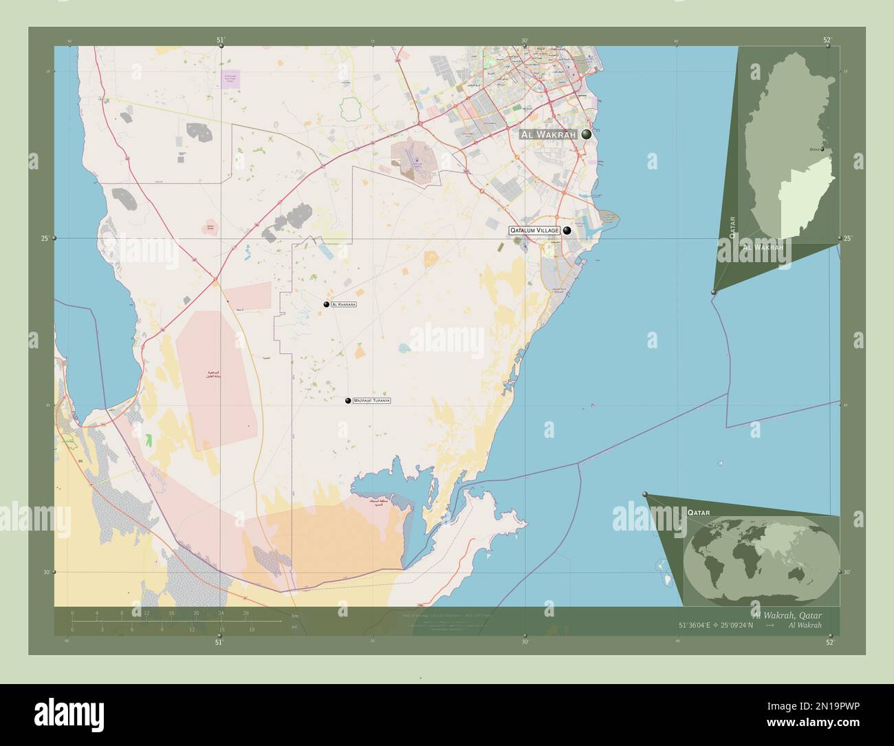 Al Wakrah, municipality of Qatar. Open Street Map. Locations and names ...