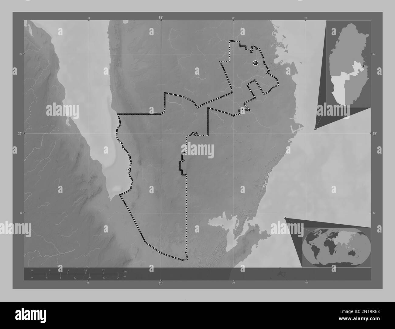 Ar Rayyan, municipality of Qatar. Grayscale elevation map with lakes ...