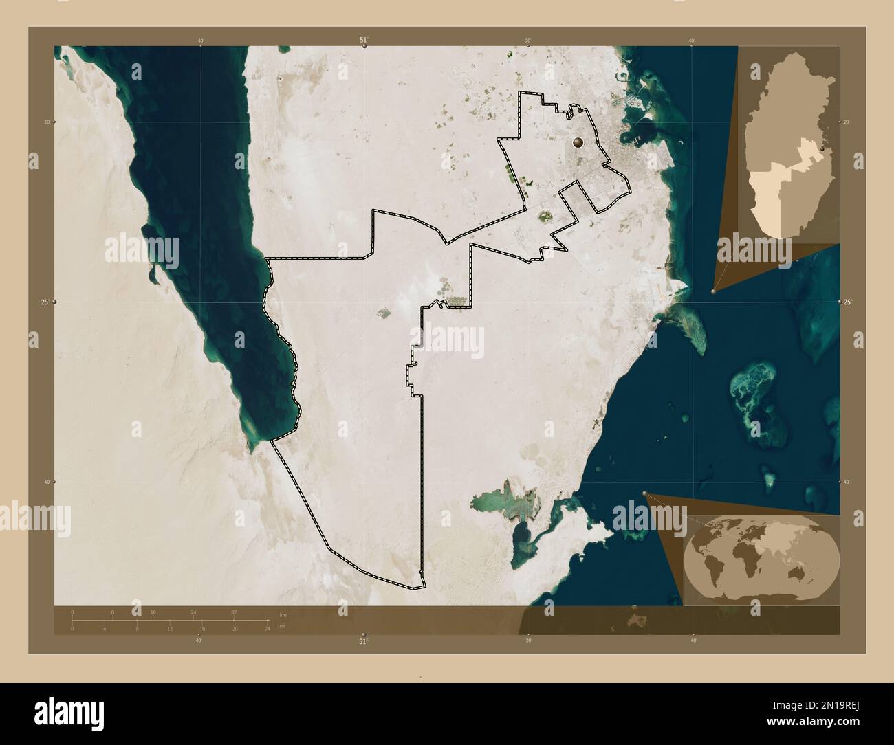 Ar Rayyan, municipality of Qatar. Low resolution satellite map. Corner ...