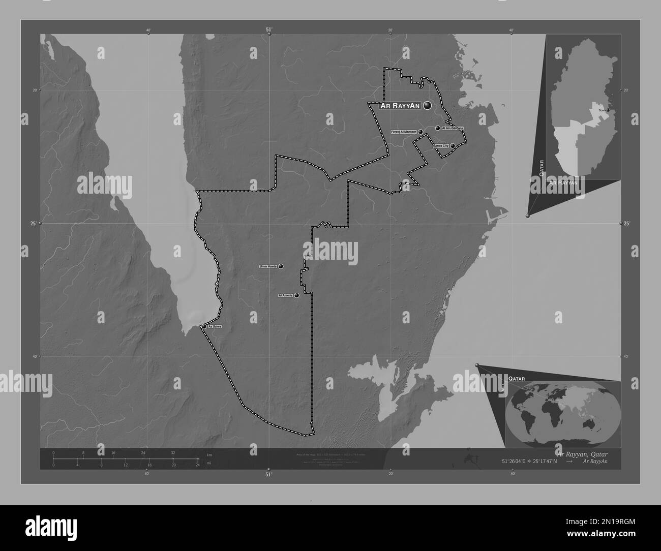 Ar Rayyan, municipality of Qatar. Bilevel elevation map with lakes and ...