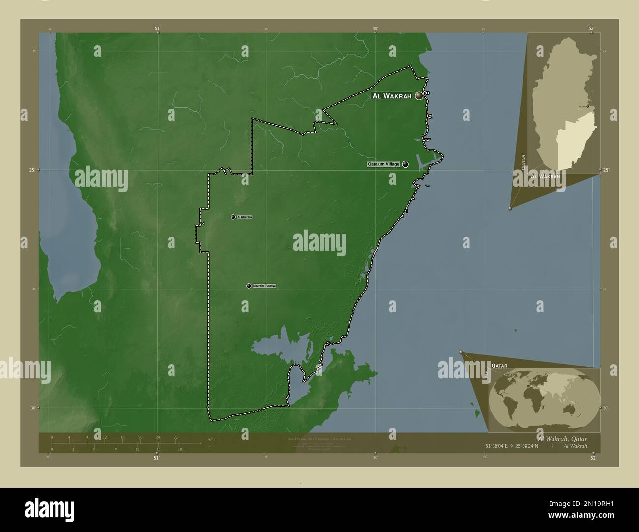 Al Wakrah, municipality of Qatar. Elevation map colored in wiki style ...