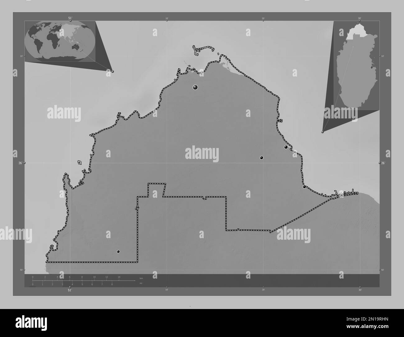 Madinat ash Shamal, municipality of Qatar. Grayscale elevation map with ...
