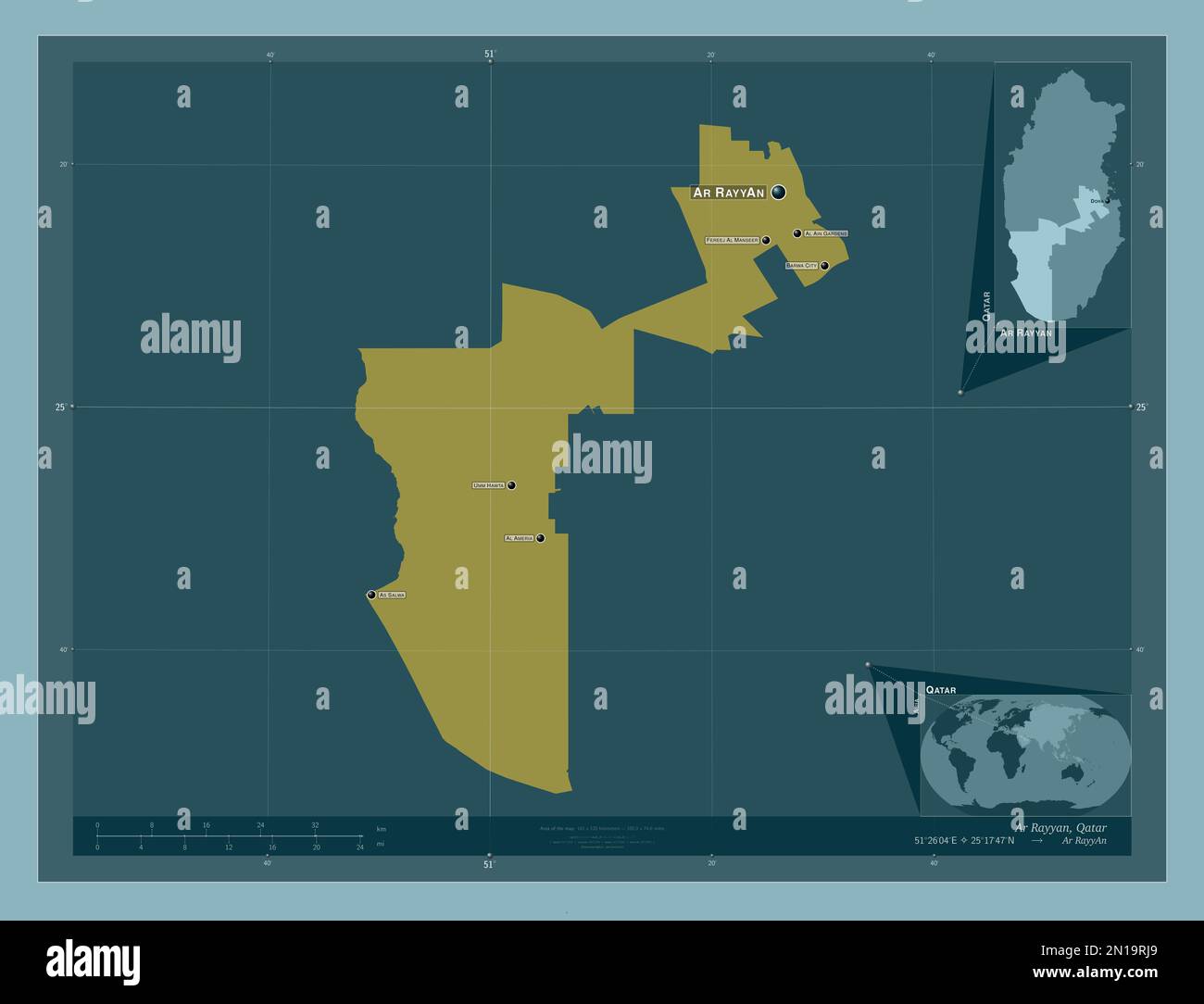 Ar Rayyan, municipality of Qatar. Solid color shape. Locations and ...