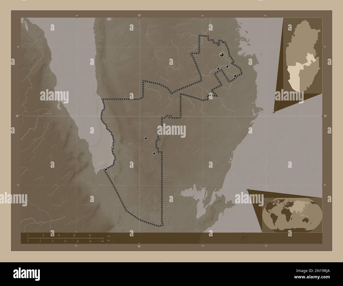 Ar Rayyan, municipality of Qatar. Elevation map colored in sepia tones ...