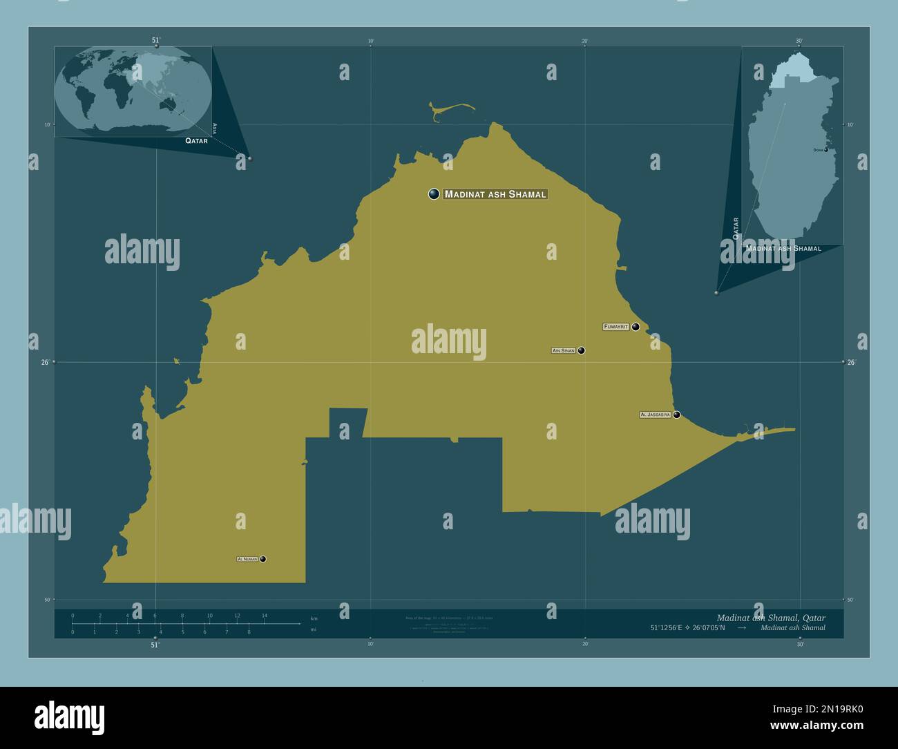 Madinat ash Shamal, municipality of Qatar. Solid color shape. Locations ...