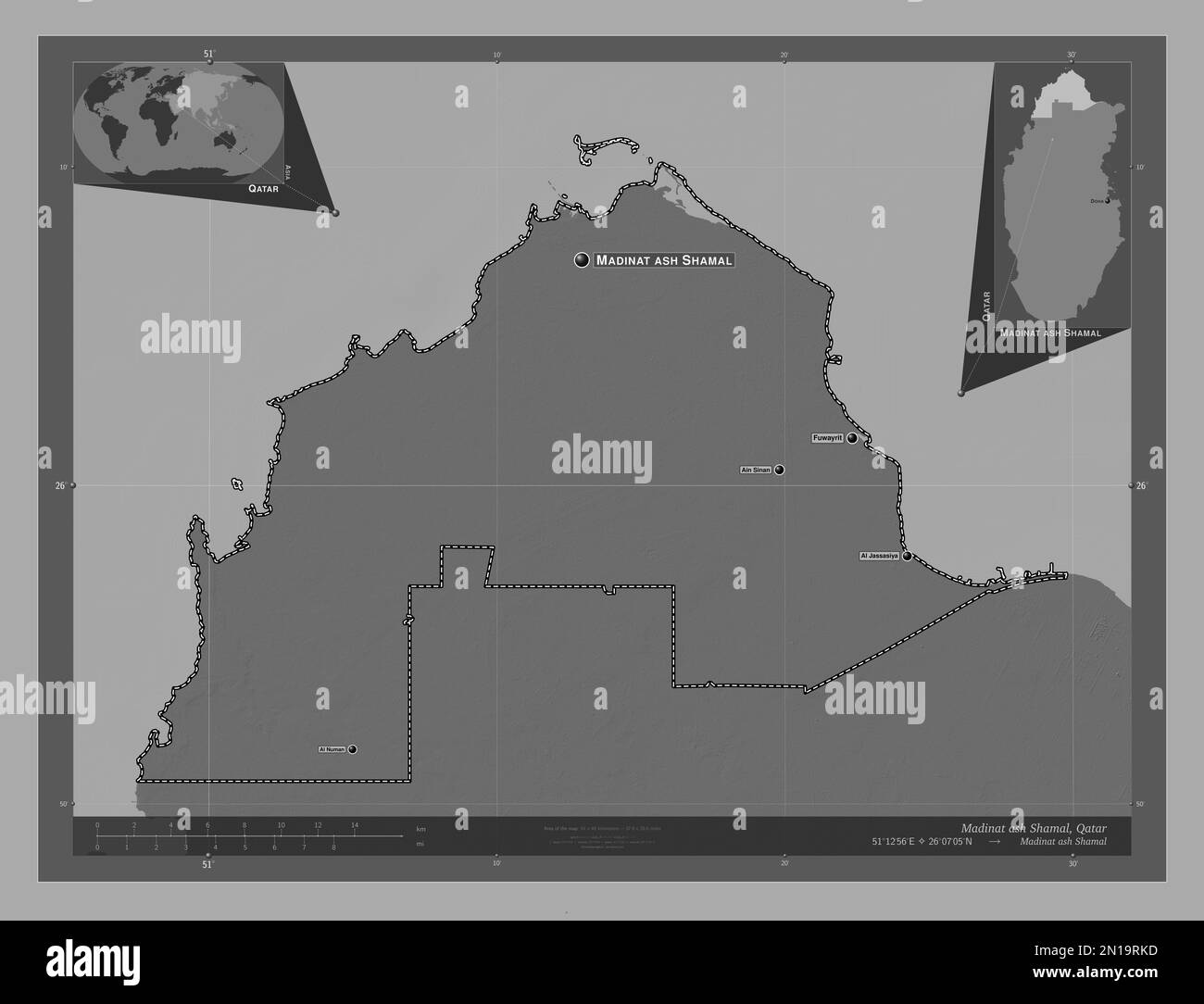 Madinat ash Shamal, municipality of Qatar. Bilevel elevation map with ...