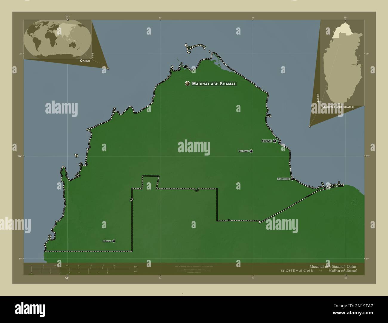 Madinat ash Shamal, municipality of Qatar. Elevation map colored in ...