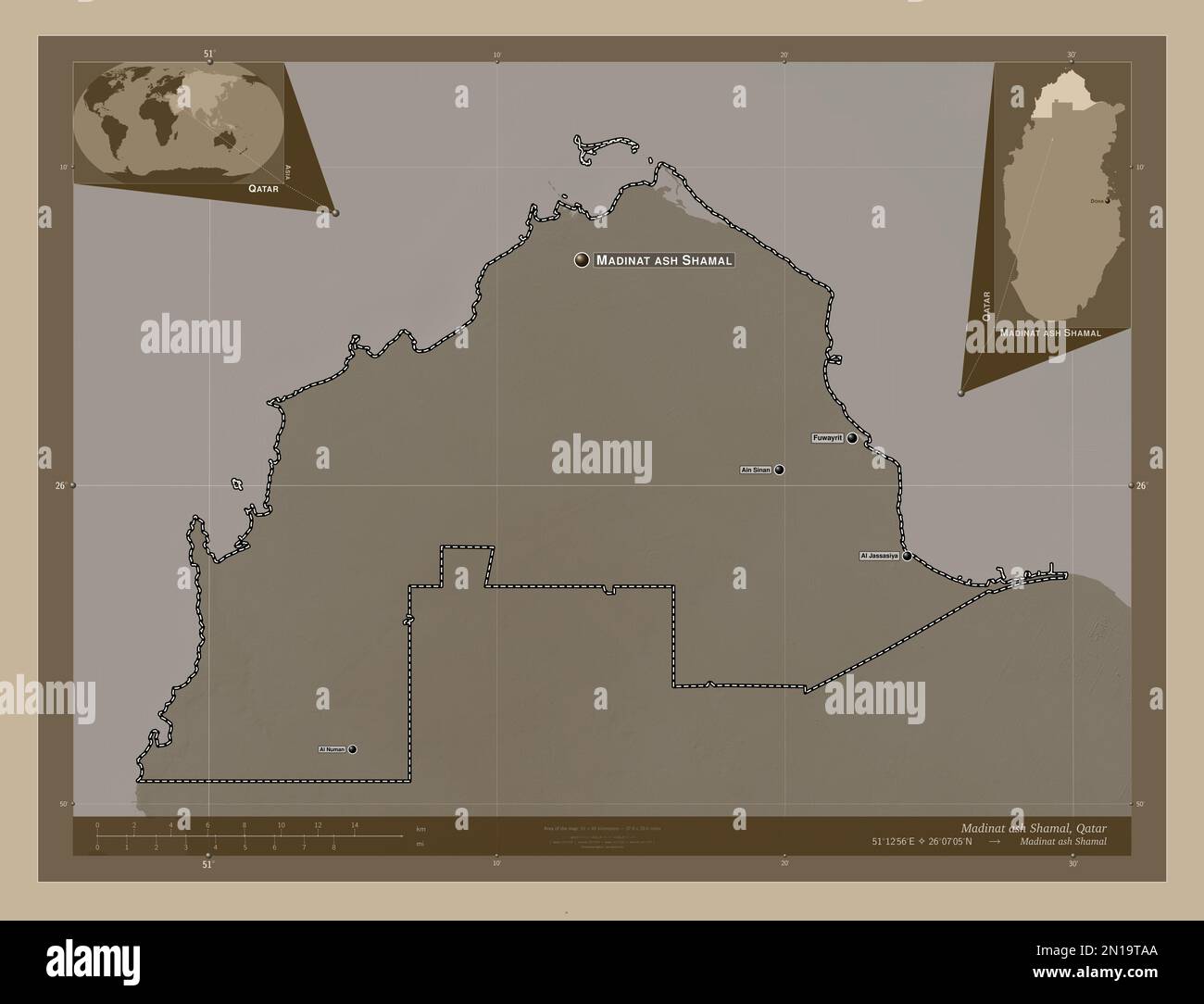 Madinat ash Shamal, municipality of Qatar. Elevation map colored in ...