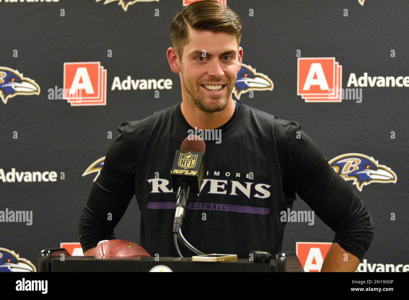Baltimore Ravens kicker Justin Tucker talks during a press conference ...
