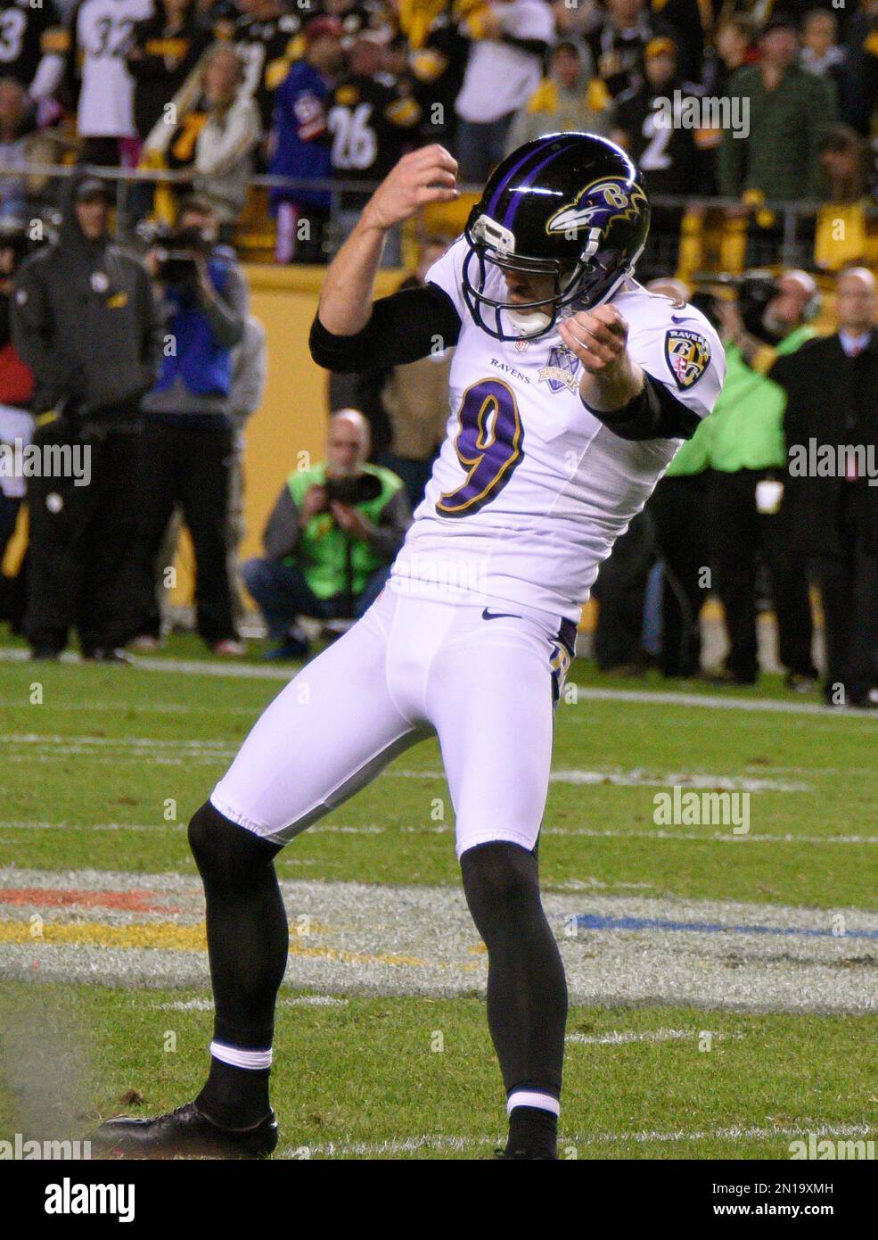 Baltimore Ravens kicker Justin Tucker (9), celebrates after he kicks ...