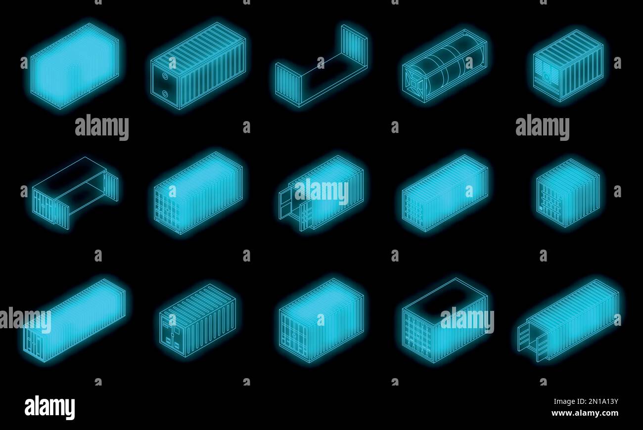 Cargo container icons set. Isometric set of cargo container vector icons neon on black isolated ...