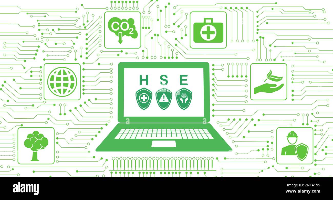Concept of hse with icons integrated in circuit Stock Photo - Alamy