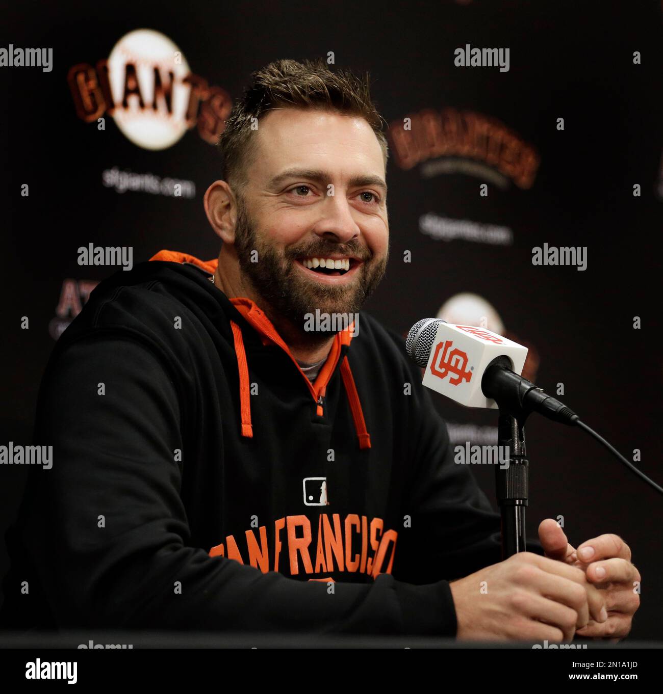 San Francisco Giants pitcher Jeremy Affeldt smiles during a media conference Thursday, Oct. 1 ...