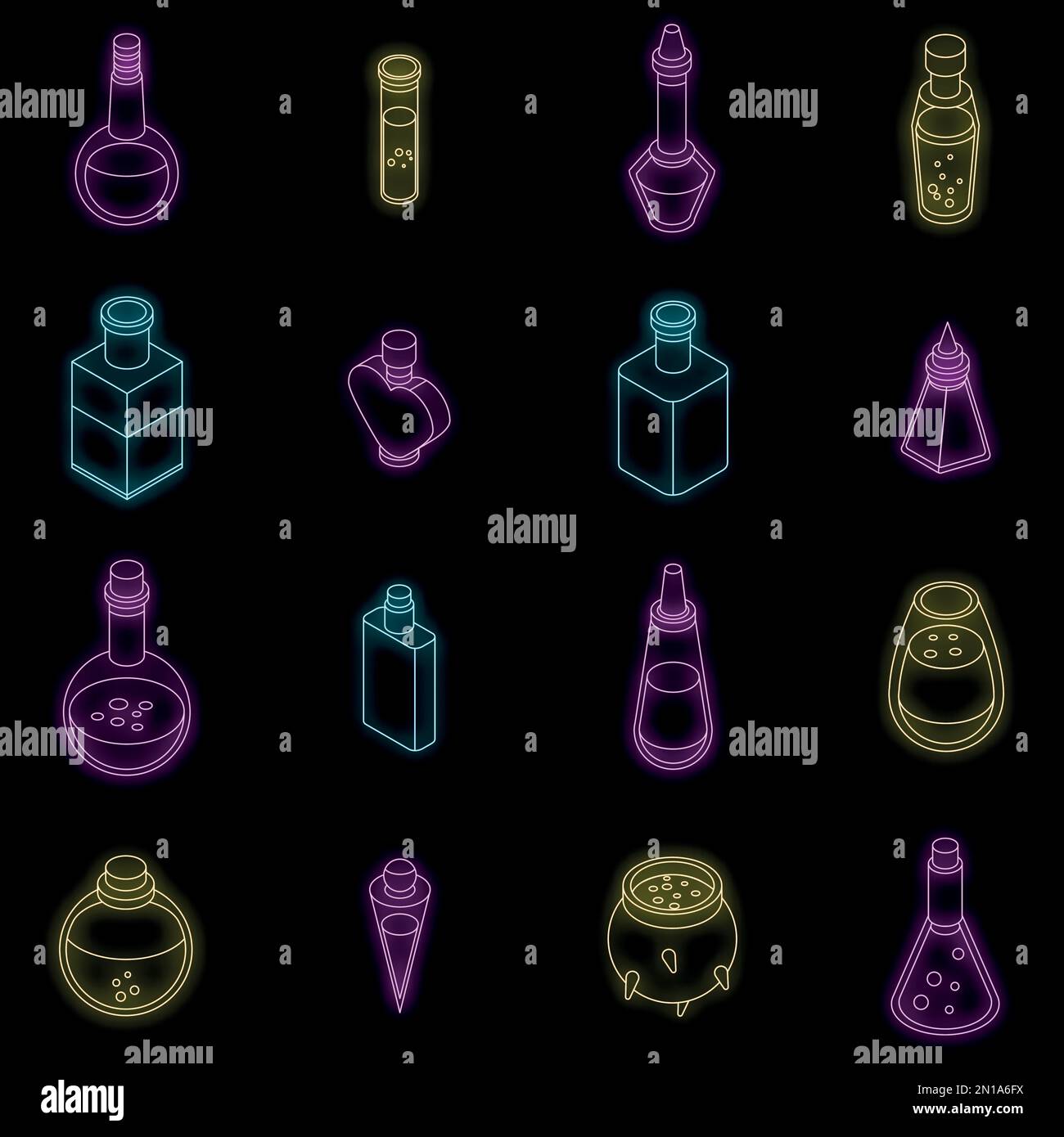 Potion icons set. Isometric set of potion vector icons neon on black ...