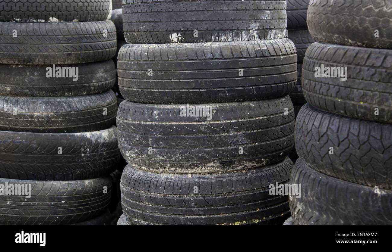 Detail of damaged and broken car tires, environmental pollution Stock ...