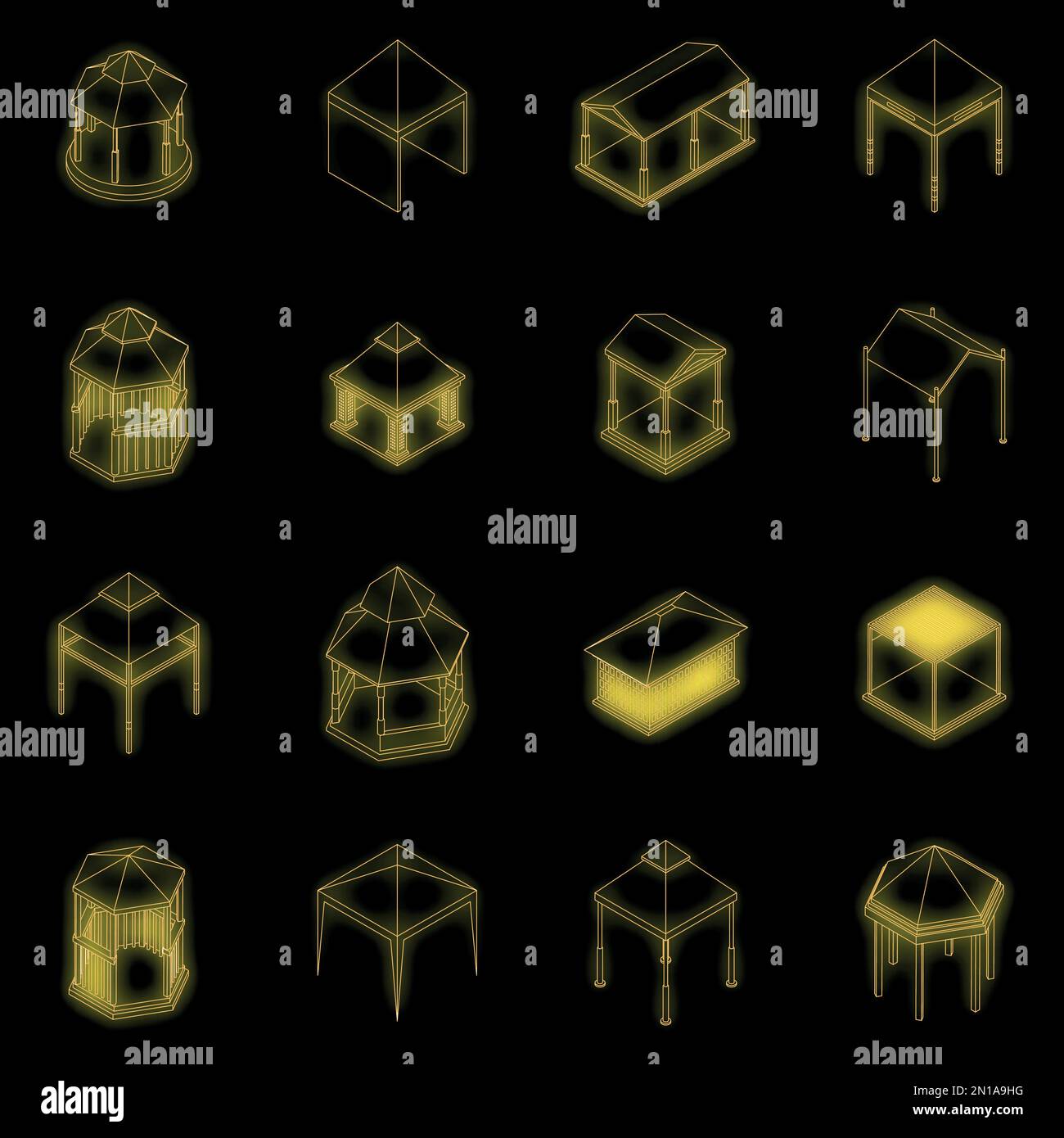 Gazebo icons set. Isometric set of gazebo vector icons neon on black ... Gazebo icons set. Isometric set of gazebo vector icons neon on black ...