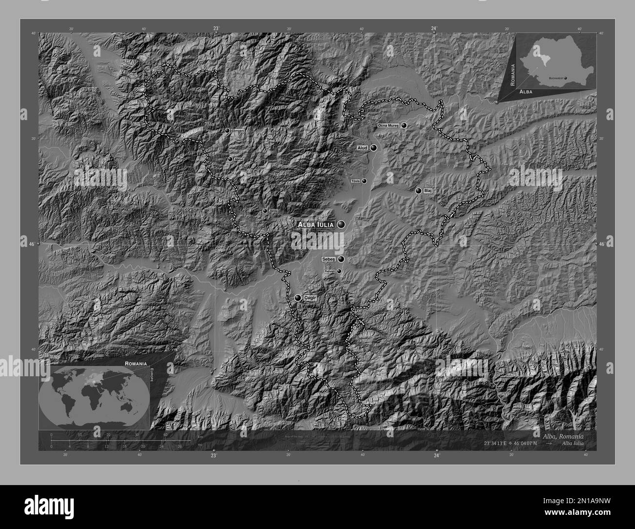 Alba, county of Romania. Bilevel elevation map with lakes and rivers ...
