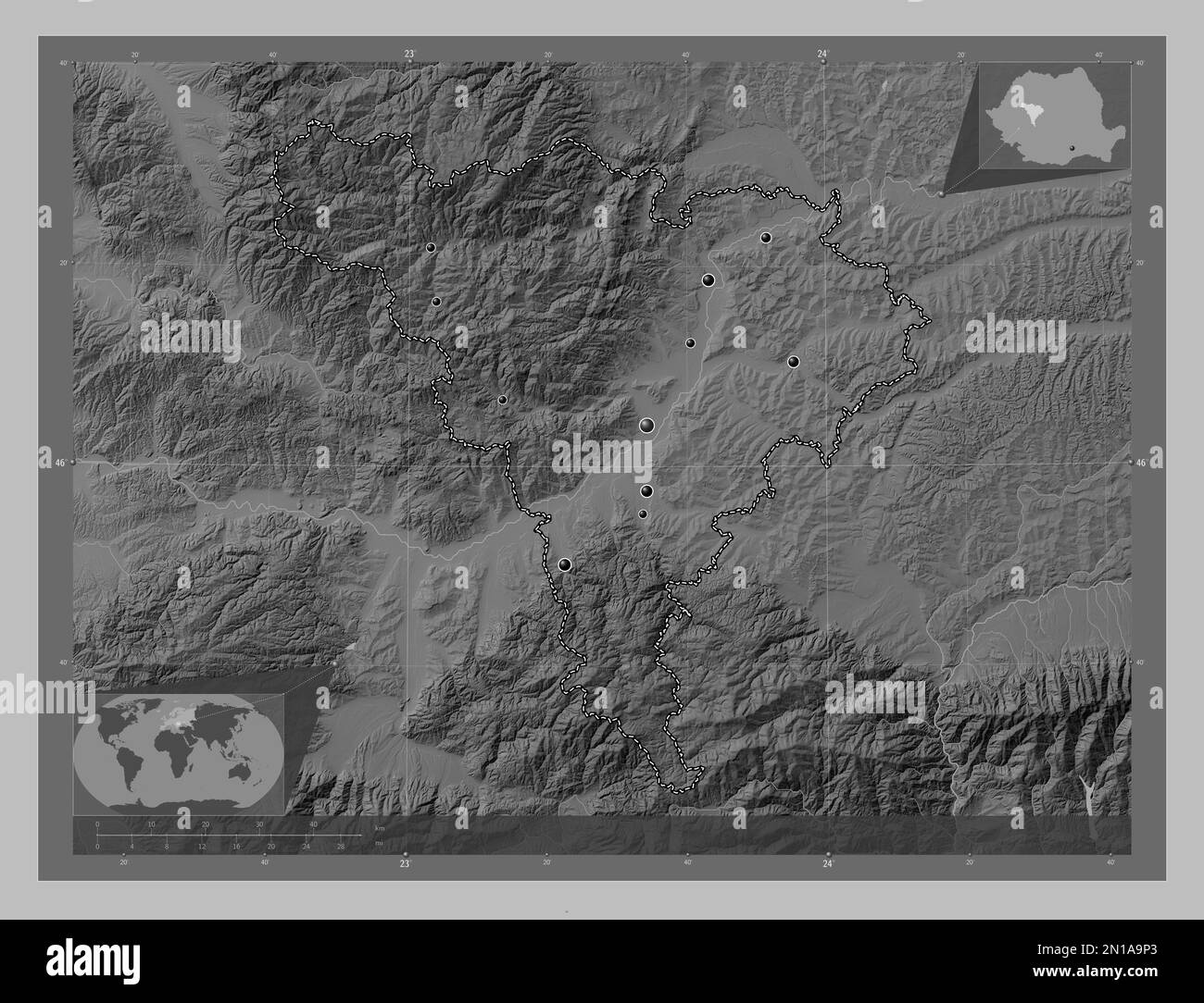 Alba, county of Romania. Grayscale elevation map with lakes and rivers ...