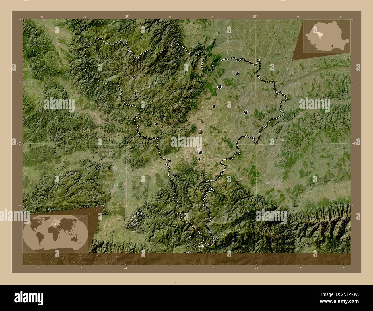 Alba, county of Romania. Low resolution satellite map. Locations of ...