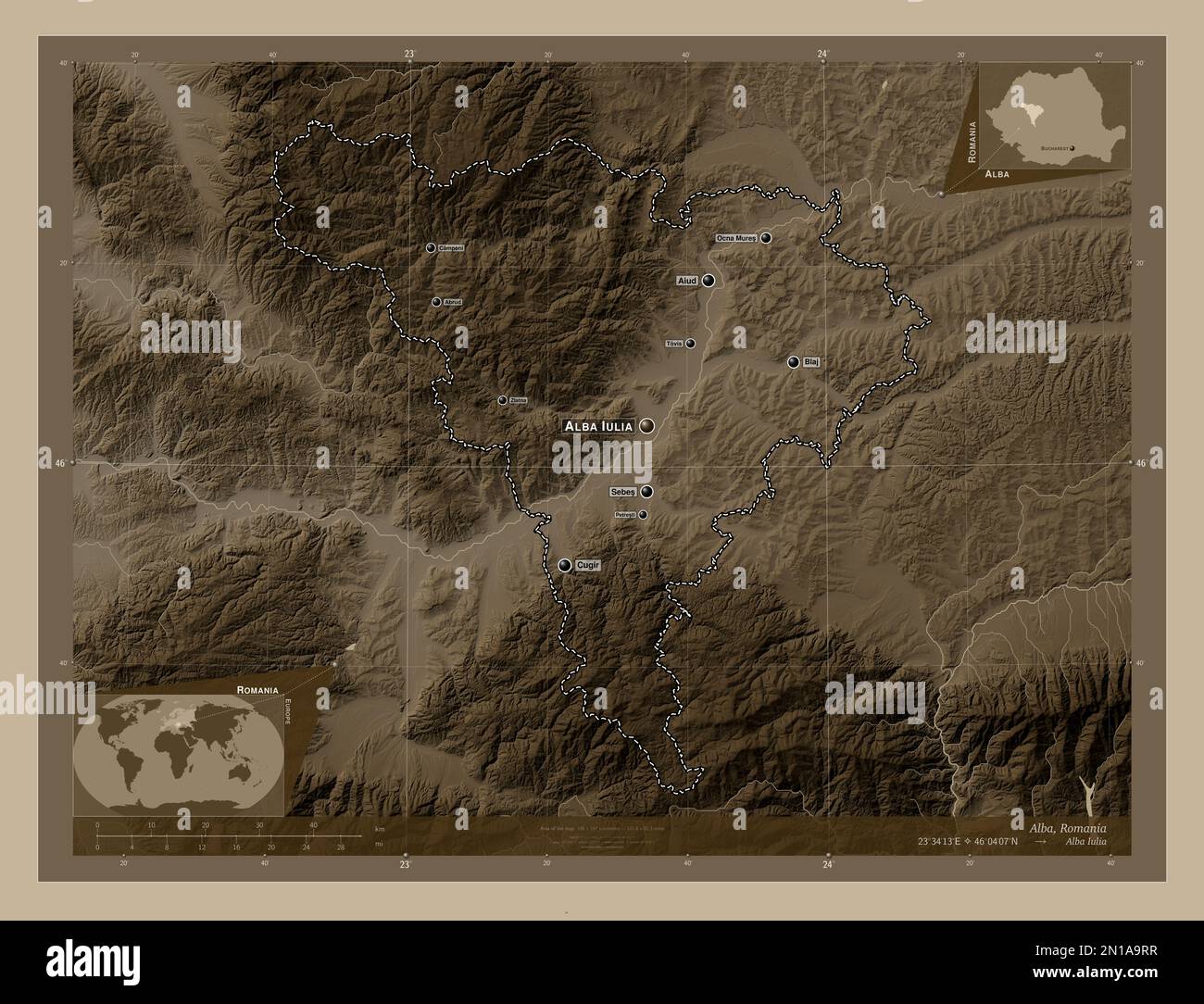 Alba, county of Romania. Elevation map colored in sepia tones with ...