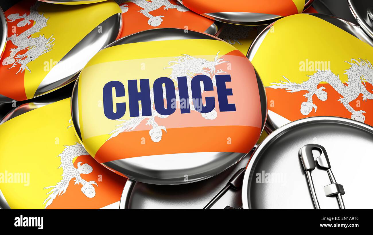 Choice in Bhutan - national flag of Bhutan on dozens of pinback buttons ...