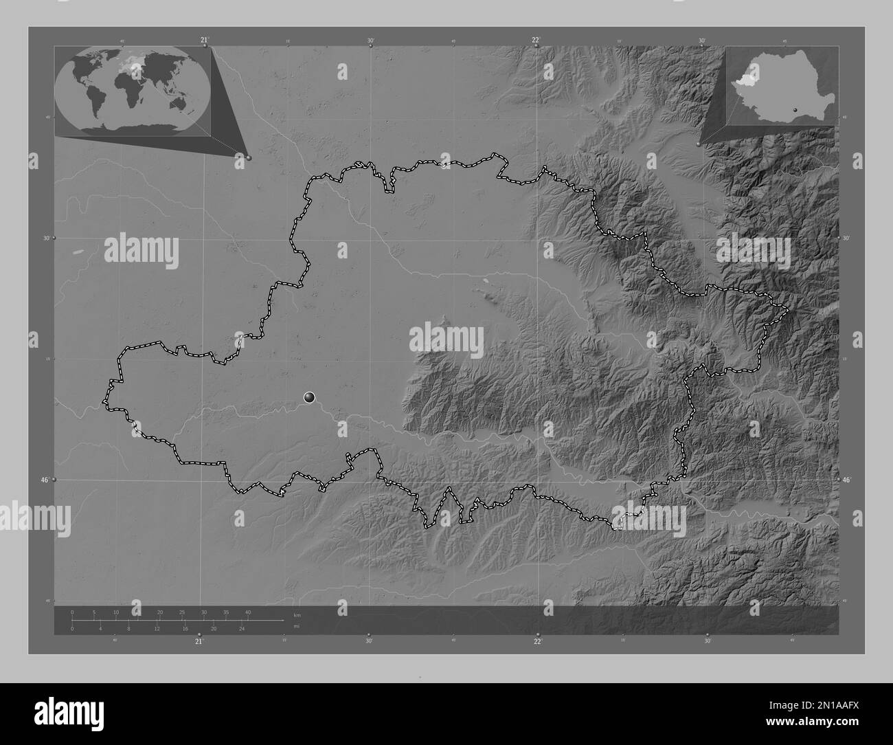 Arad, county of Romania. Grayscale elevation map with lakes and rivers ...