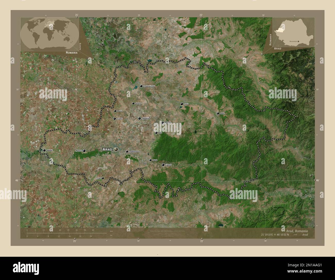 Arad, county of Romania. High resolution satellite map. Locations and ...