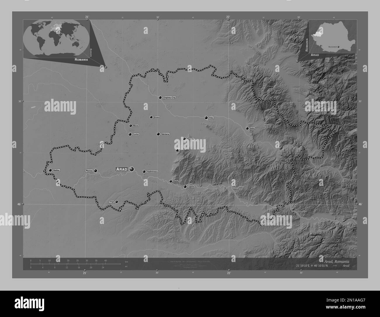 Arad, county of Romania. Grayscale elevation map with lakes and rivers ...