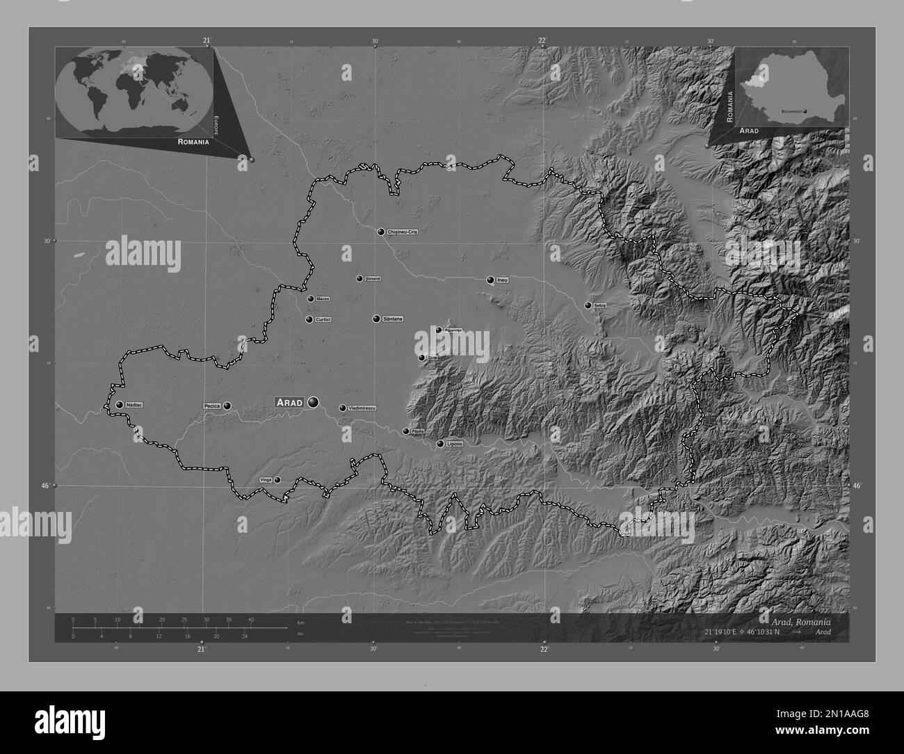 Arad, county of Romania. Bilevel elevation map with lakes and rivers ...