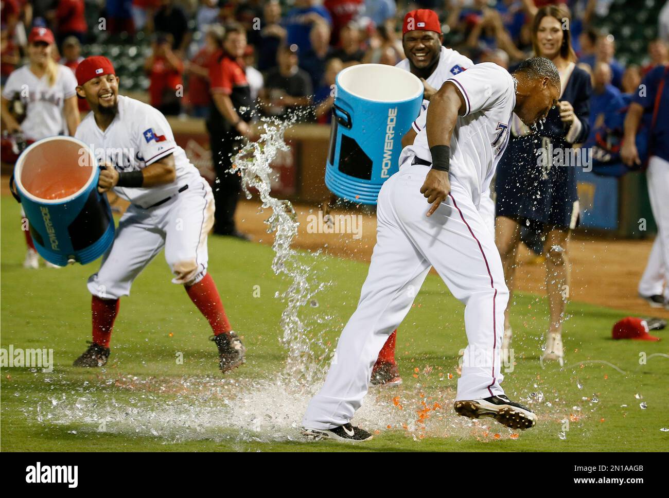 Texas Rangers' Rougned Odor, left, and Hanser Alberto, center rear ...