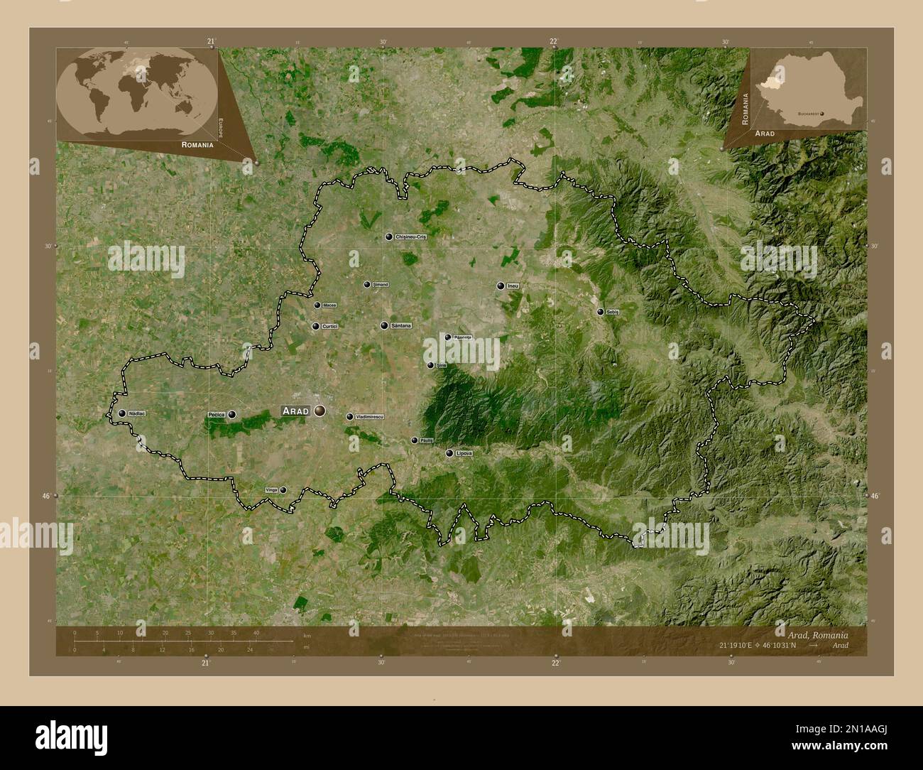 Arad, county of Romania. Low resolution satellite map. Locations and ...