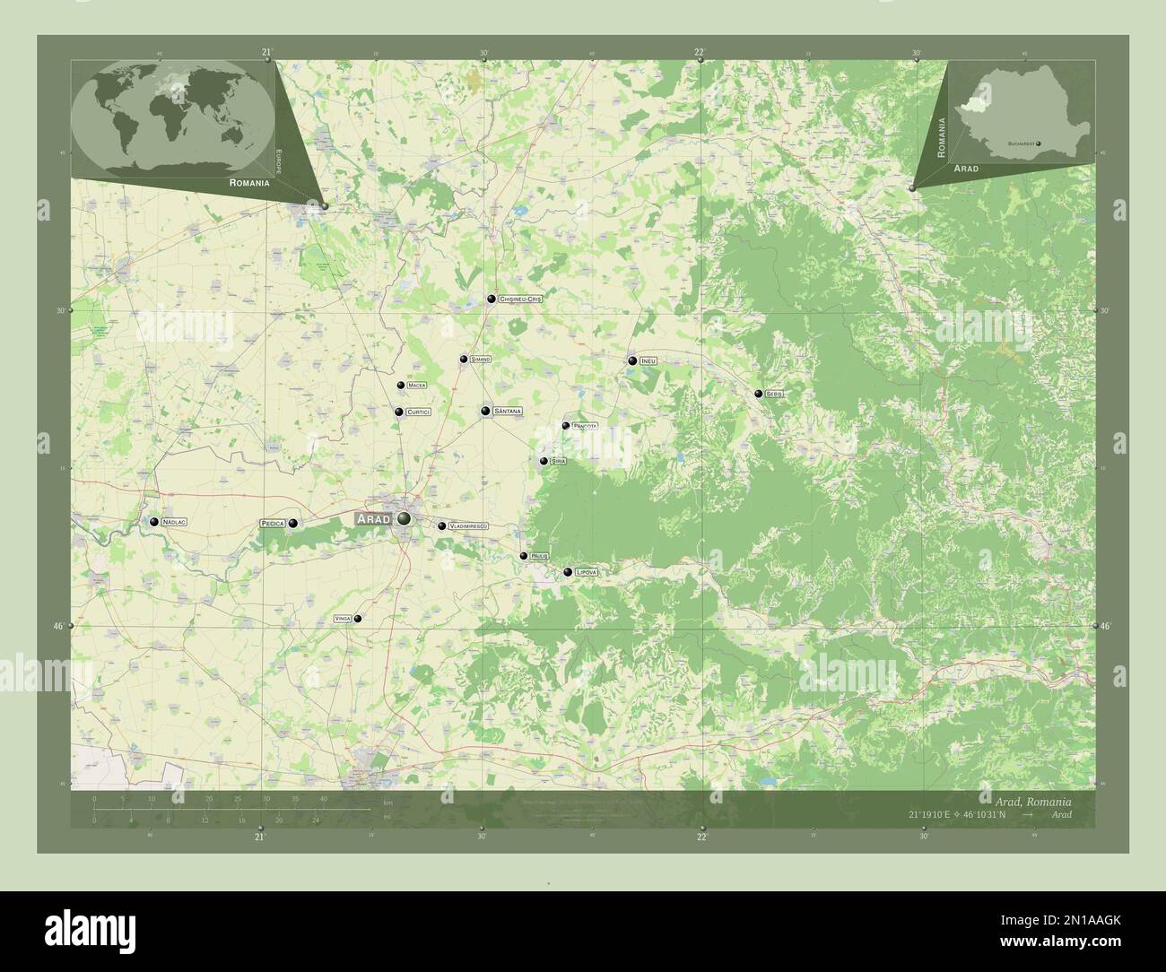 Arad, county of Romania. Open Street Map. Locations and names of major ...