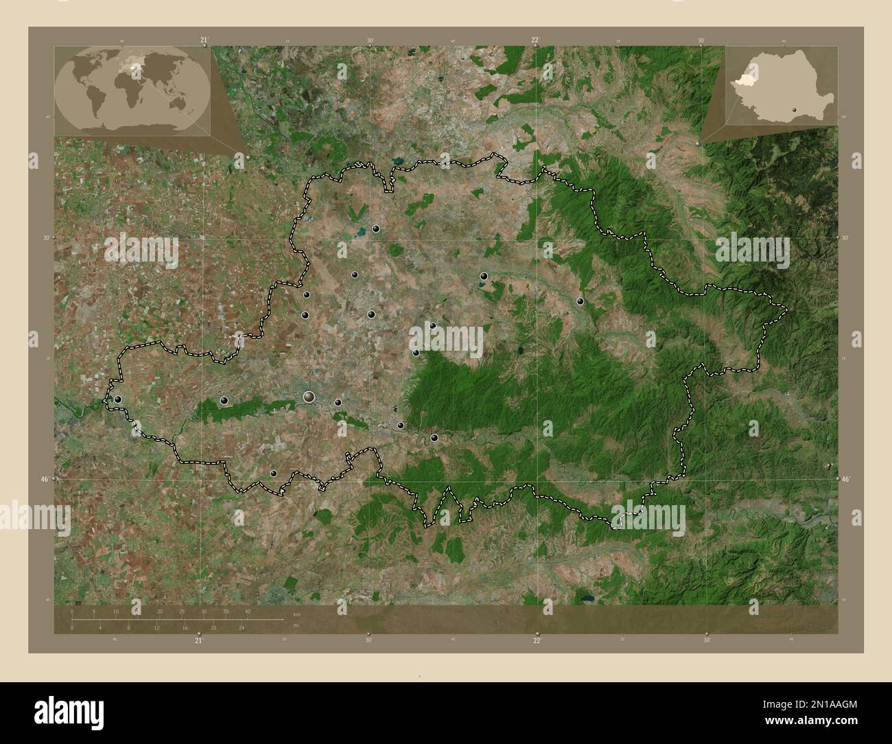 Arad, county of Romania. High resolution satellite map. Locations of ...